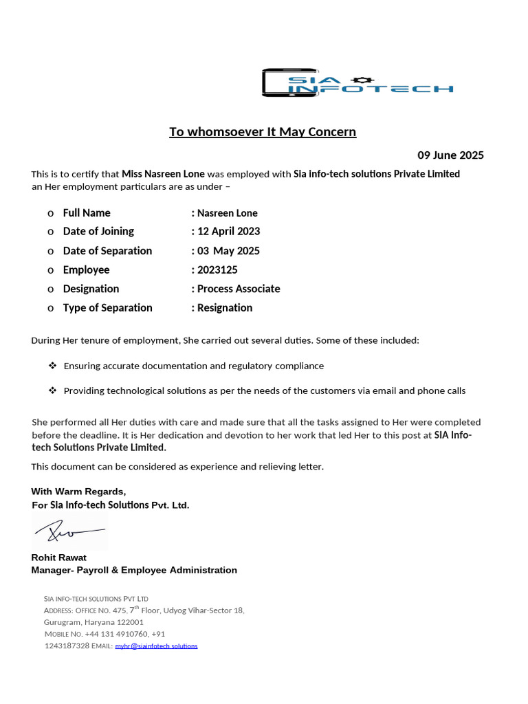 SIA2025NR25 Nasreen Lone Relieving Letter | PDF