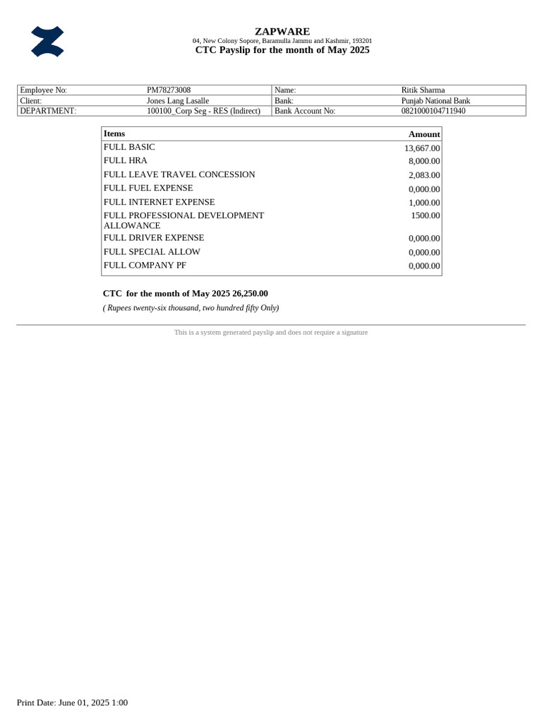 May 2025 CTC Payslip for Ritik Sharma | PDF
