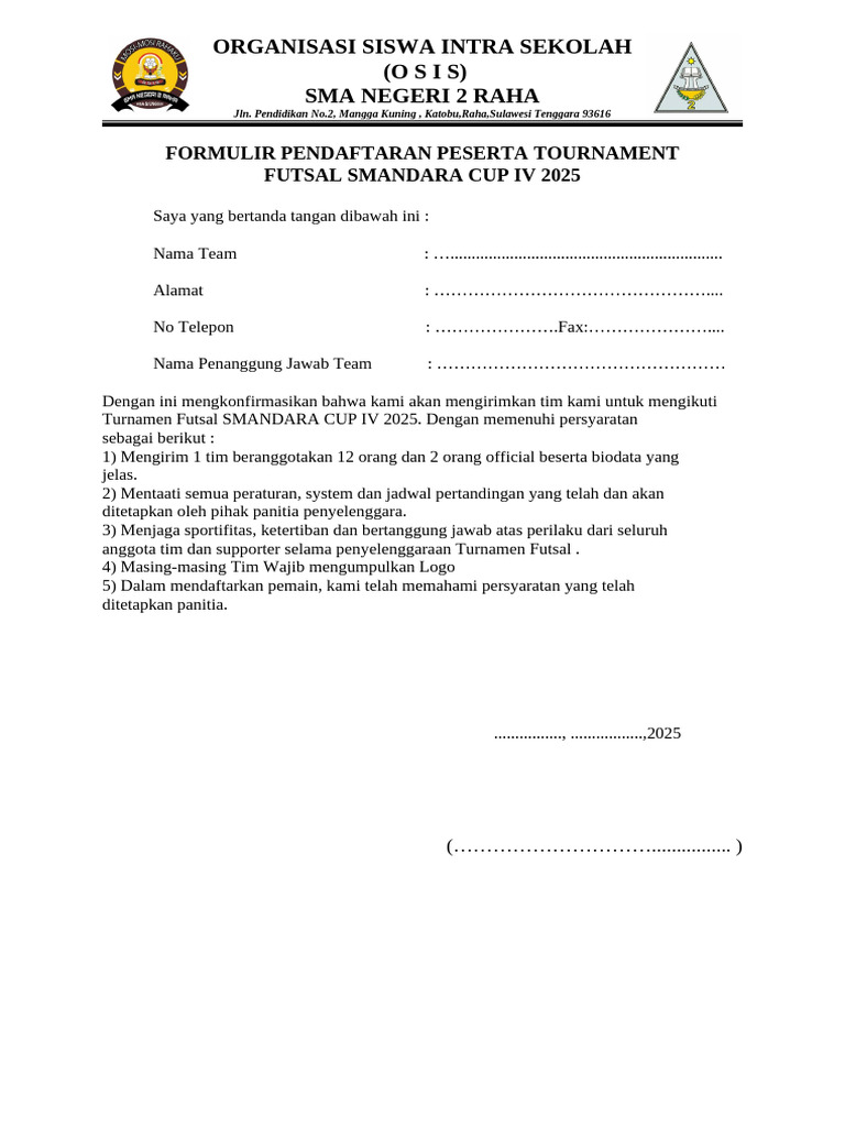 Formulir Turnamen Futsal Smandara Cup IV | PDF
