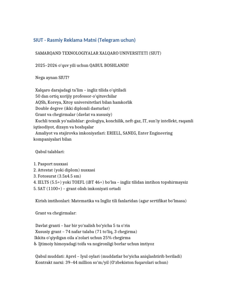 SIUT Reklama Matni Uz | PDF