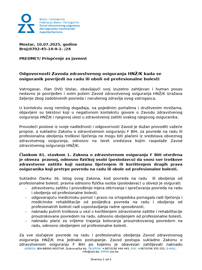 Priopćenje - Povreda Na Radu 10.07.2025. God. | PDF
