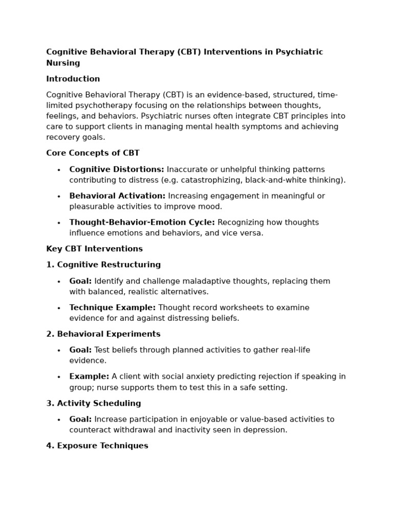 CBT Interventions for Psychiatric Nursing | PDF | Cognitive Behavioral ...