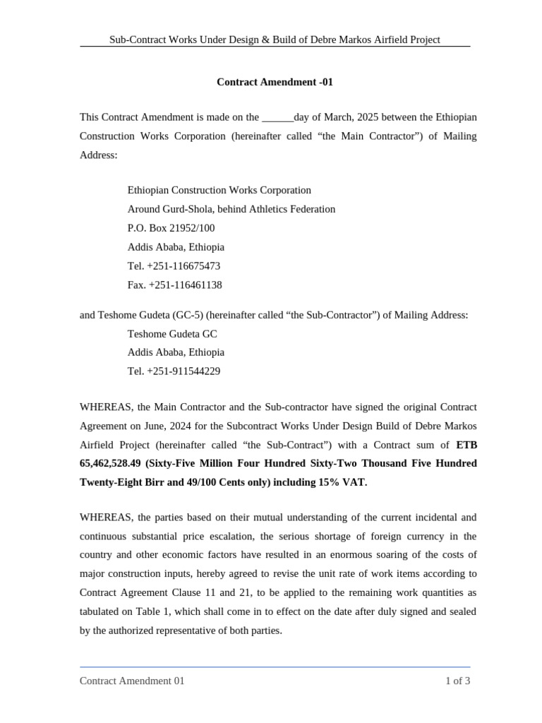 Contract Amendment-01 Teshome G. | PDF