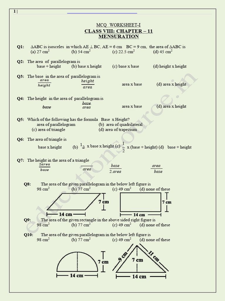 Class VIII Mensuration MCQ Worksheet | PDF | Area | Euclidean Geometry