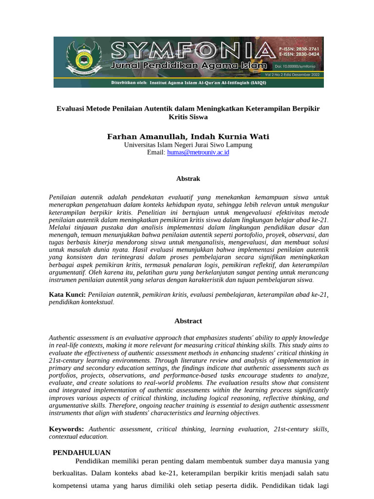 Evaluasi Penilaian Autentik untuk Kritis Siswa | PDF