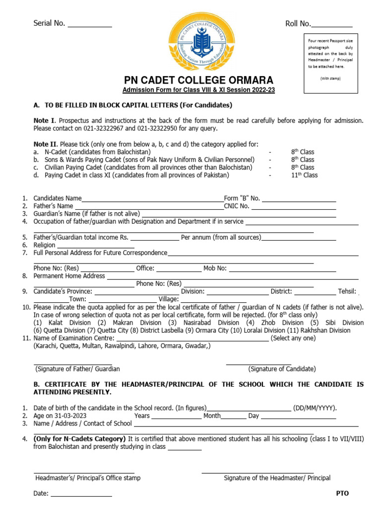 PN Cadet College Ormara Admission Form 2022-23 | PDF