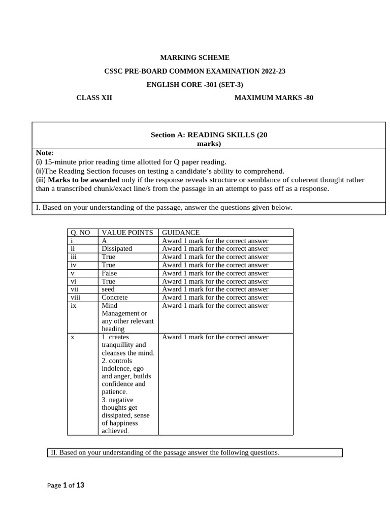 CSSC English Core Marking Scheme 2022-23 | PDF | Accuracy And Precision ...