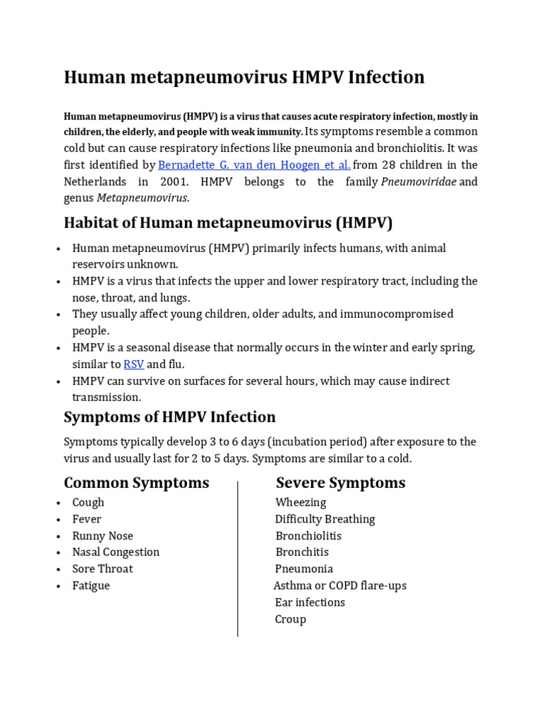 Human Metapneumovirus HMPV Infection | PDF | Common Cold | Respiratory ...