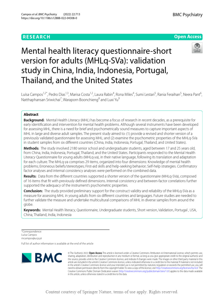 Mental Health Literacy Questionnaire-Short Version | PDF | Cronbach's ...