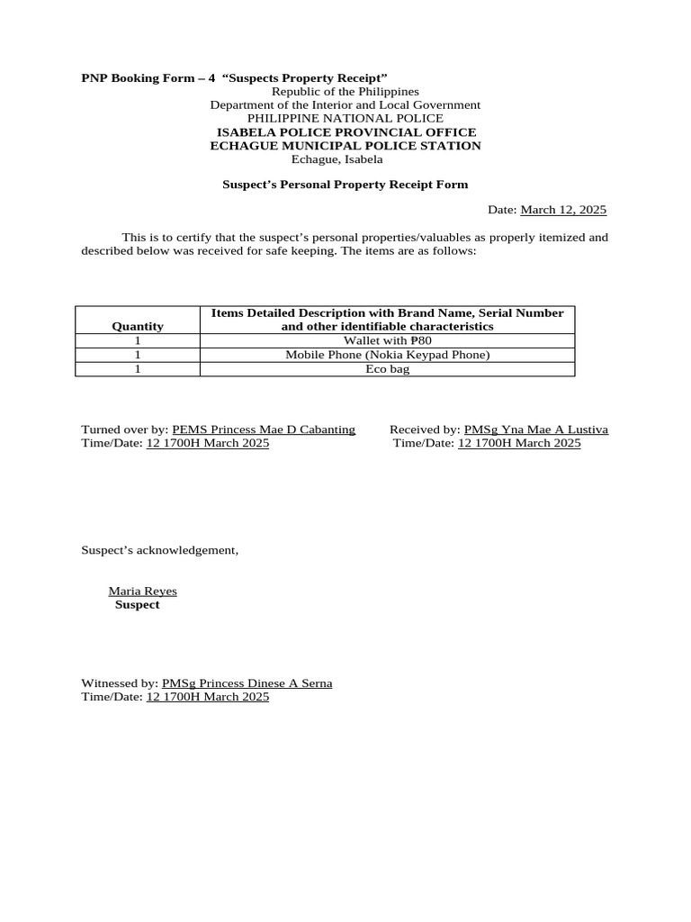 Suspect Property Receipt Form PNP | PDF | Philippines | Law Enforcement