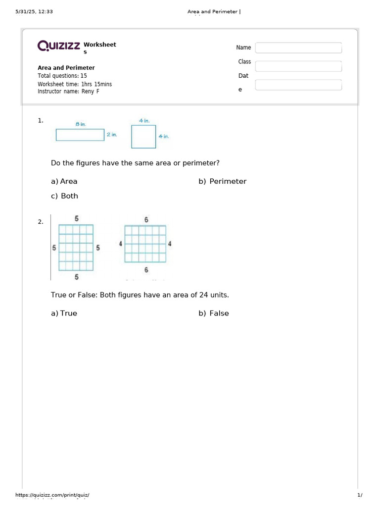Class 6 Area and Perimeter Quiz | PDF | Area | Chess