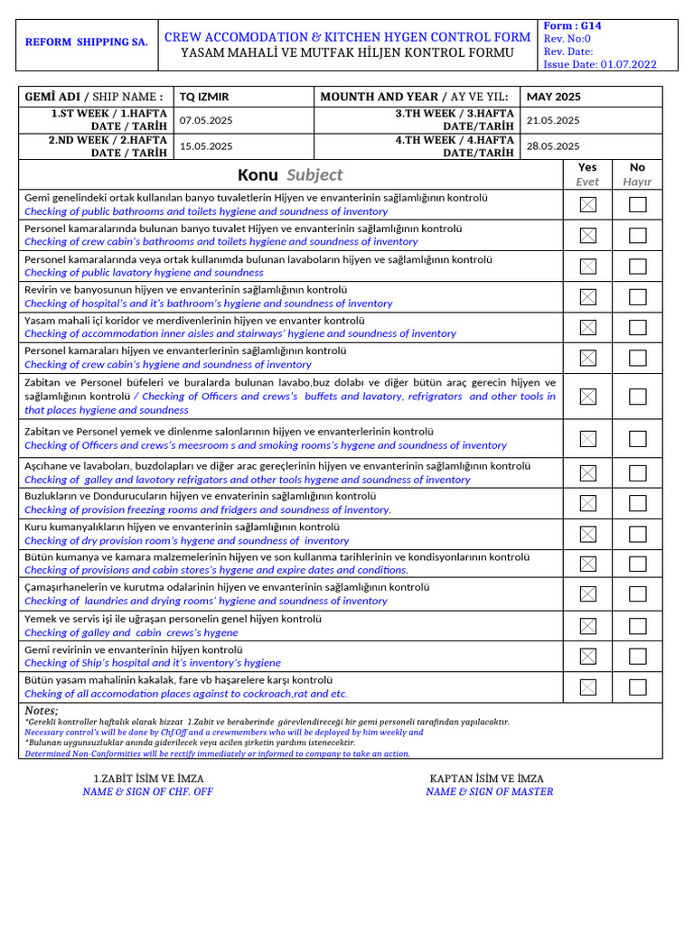 G14 Crew Accommodation and Kitchen Hygen Control Form | PDF