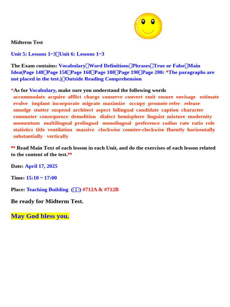 113-2 Freshman English - Midterm Test - Announcement - AC1a | PDF