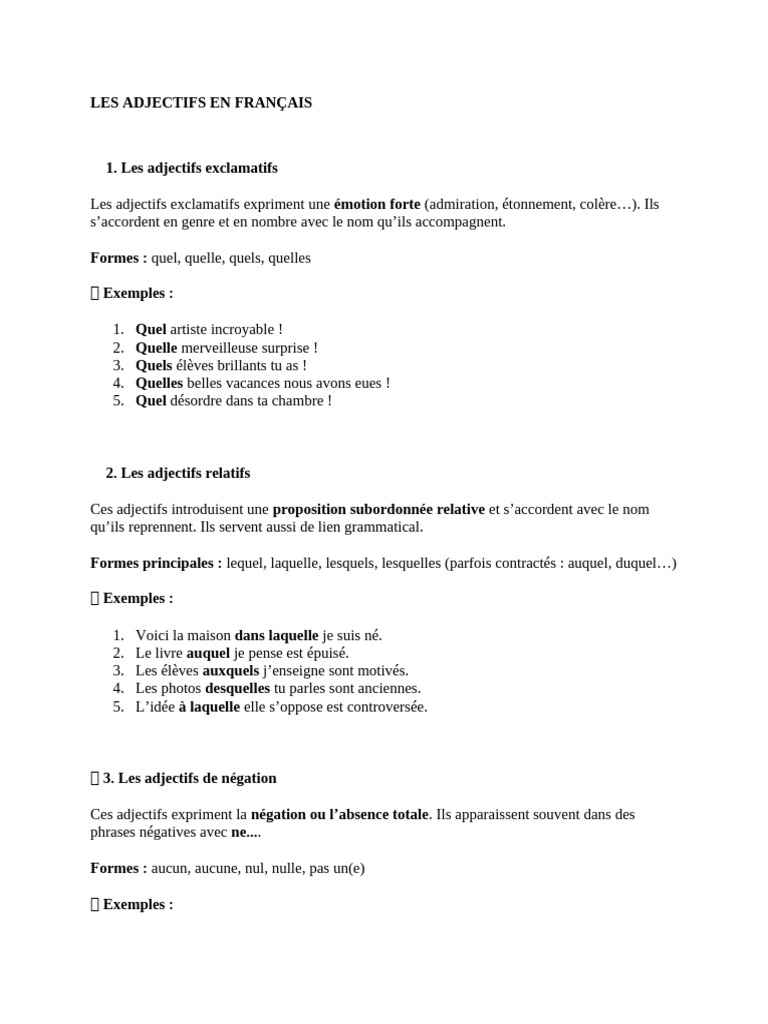 Les adjectifs en français : types et exemples | PDF