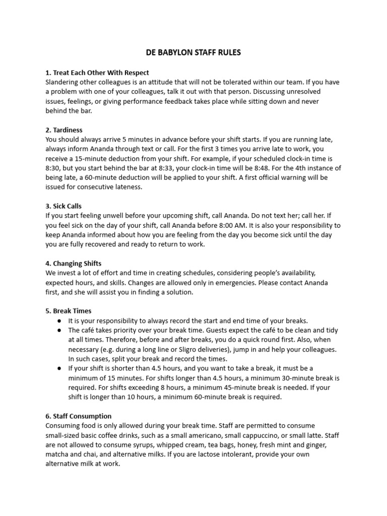 DE Café Staff Rules and Guidelines | PDF | Drink