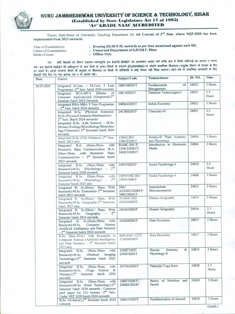 Date Sheet of All Courses (DSC) - 2nd Sem (NEP) May-25 | PDF
