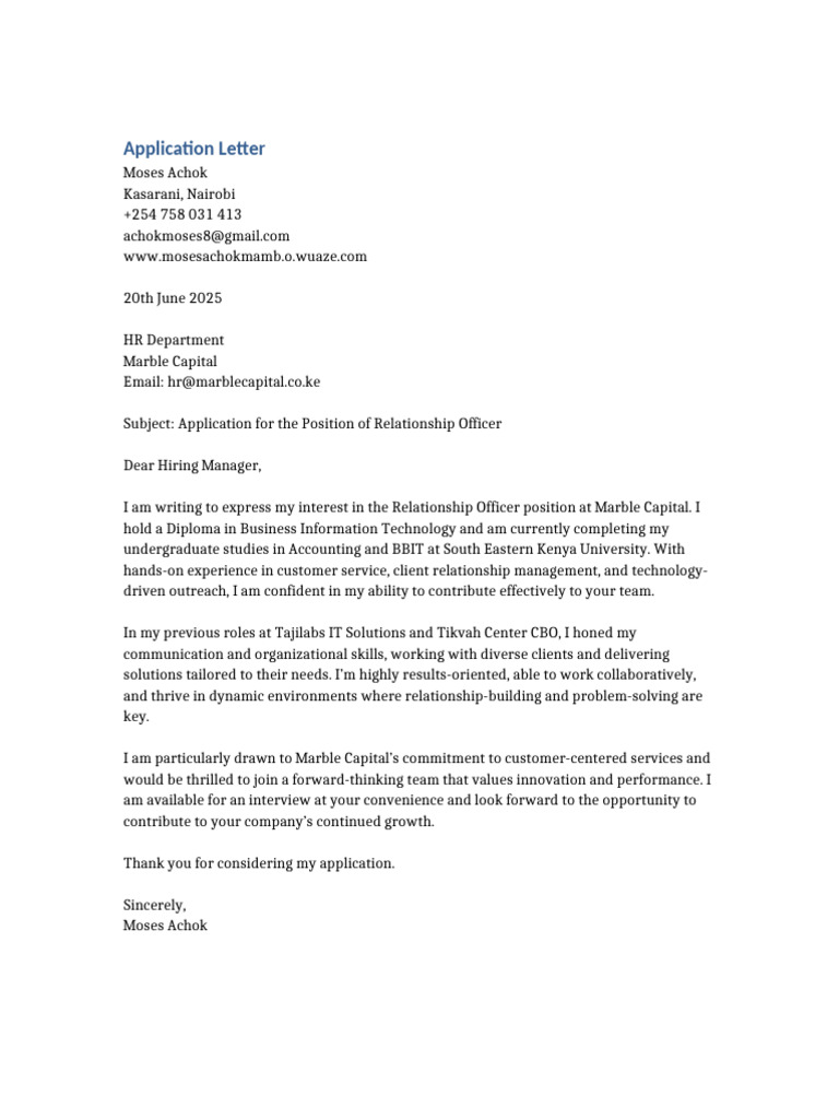 Application - Letter - Moses - Achok Sample For Education | PDF