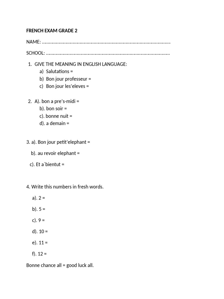 Grade 2 French Exam Practice | PDF
