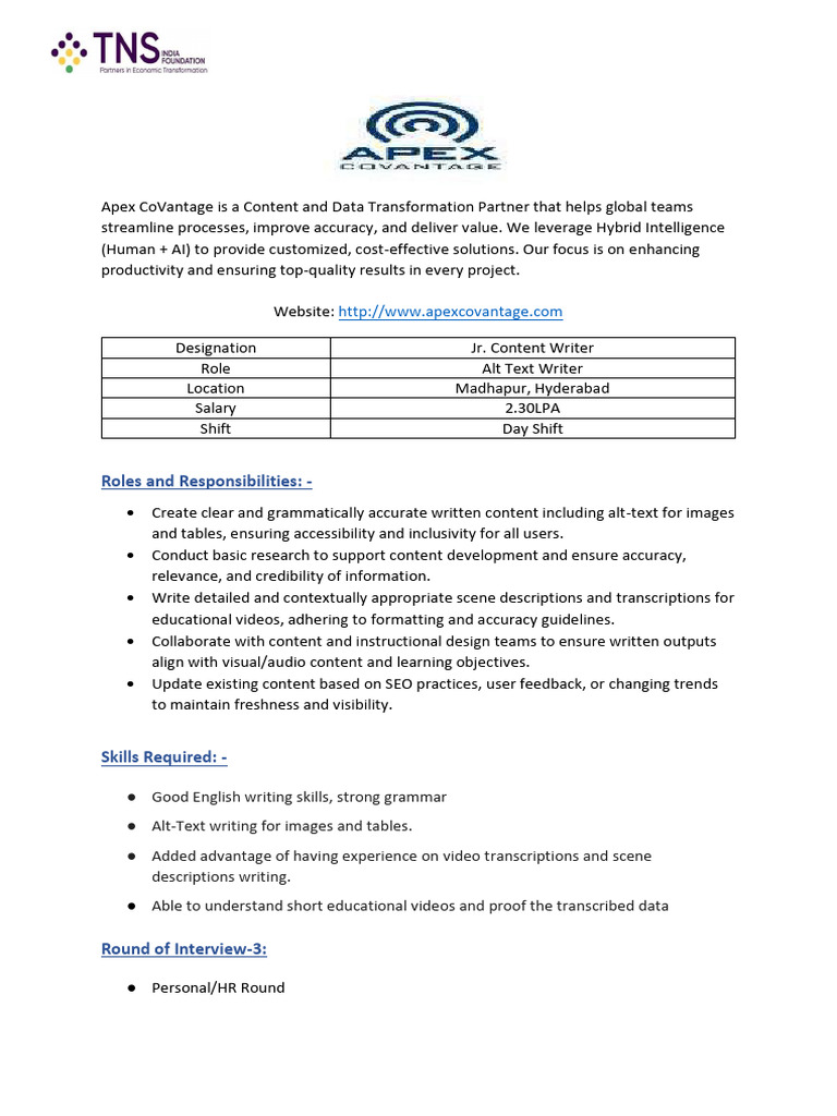 Apex CoVantage Jr. Content Writer Role | PDF