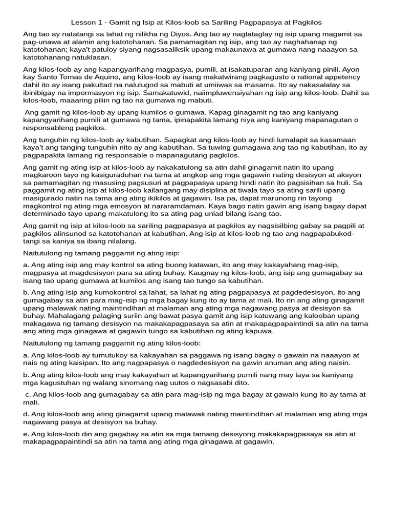 Lesson 1 Gamit NG Isip at Kilos Loob Sa Sariling Pagpapasya at Pagkilos ...