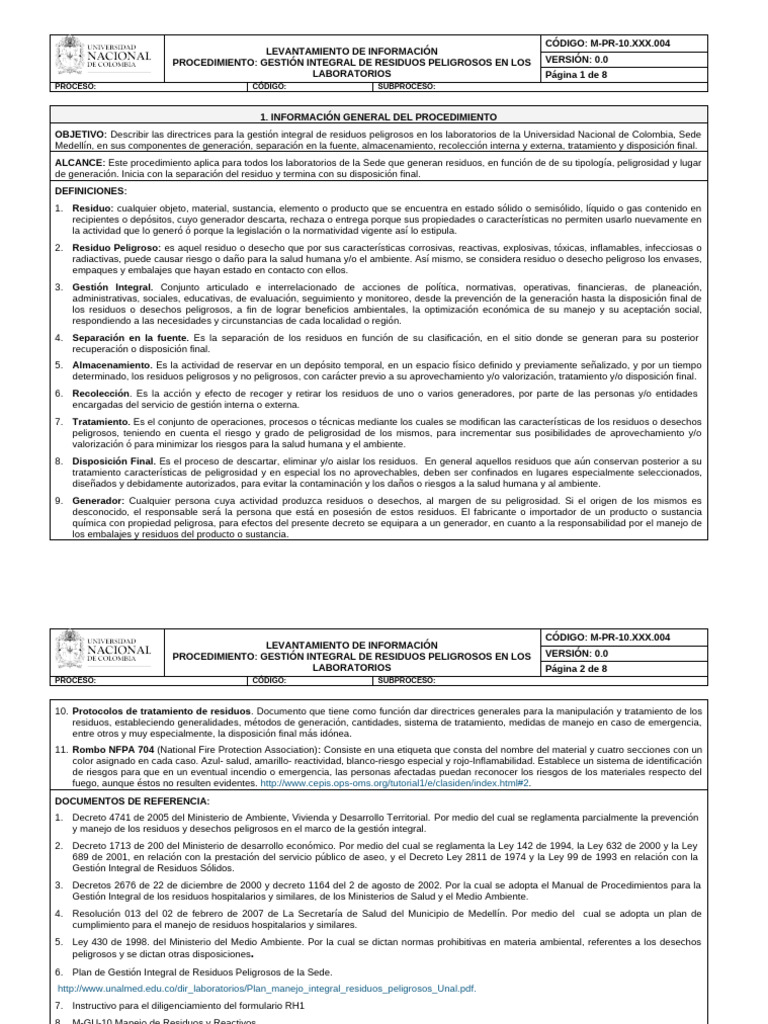 Procedimiento Gestion Integral Residuos Peligrosos Laboratorios Validado | PDF | Residuos ...