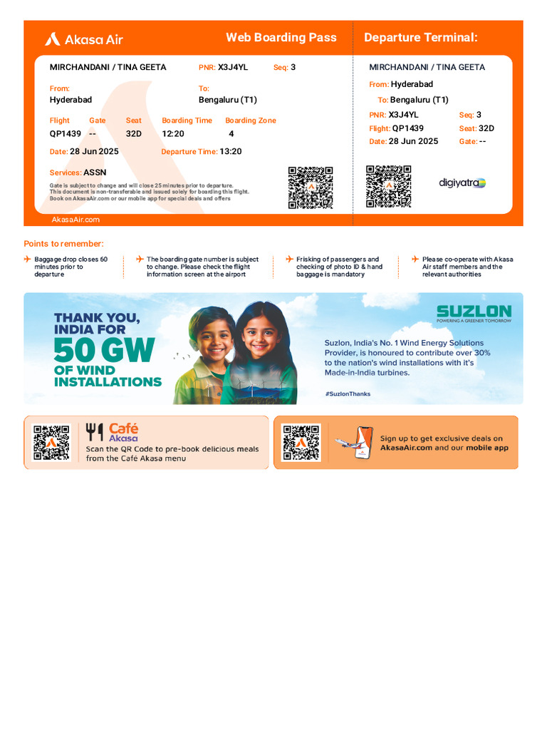 Akasa Air E-Boarding Pass - X3J4YL - Tina Geeta - 250628 - 093126 | PDF