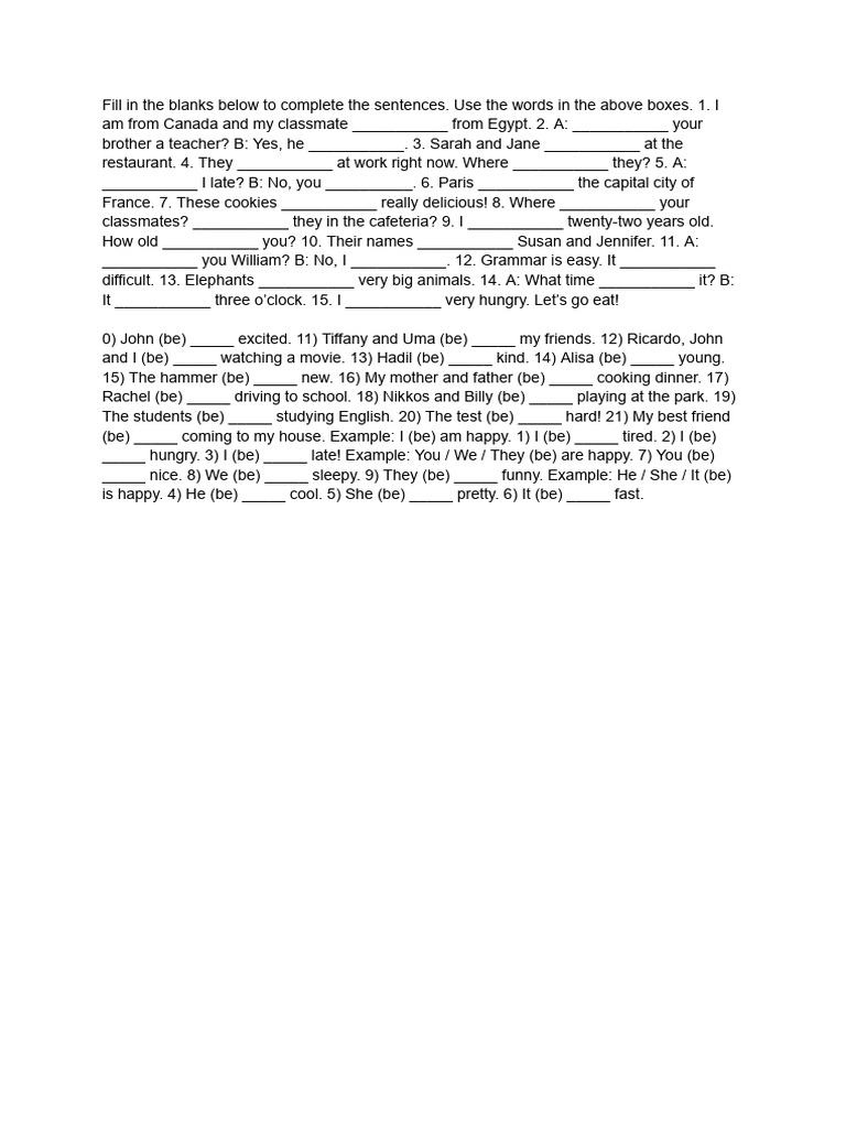 Fill in the Blanks: Verb "To Be" | PDF