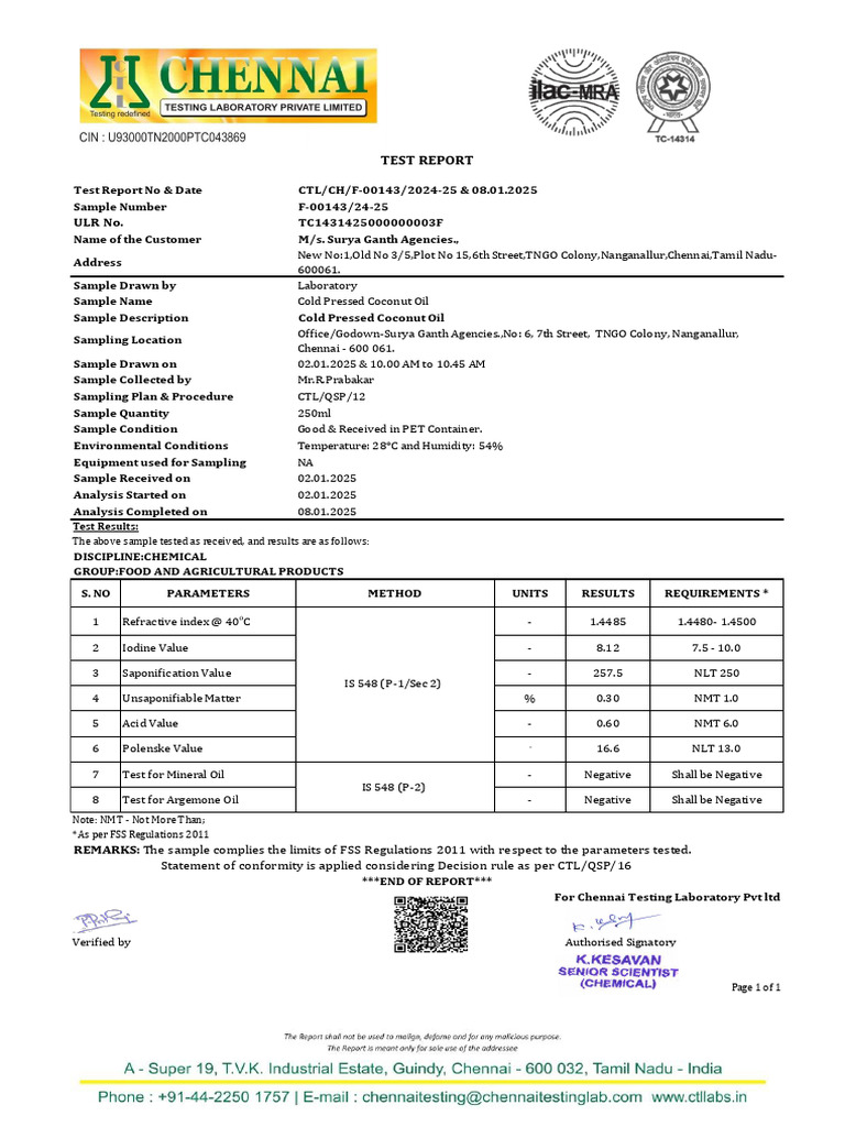 Coconut Oil Cold Pressed COA | PDF