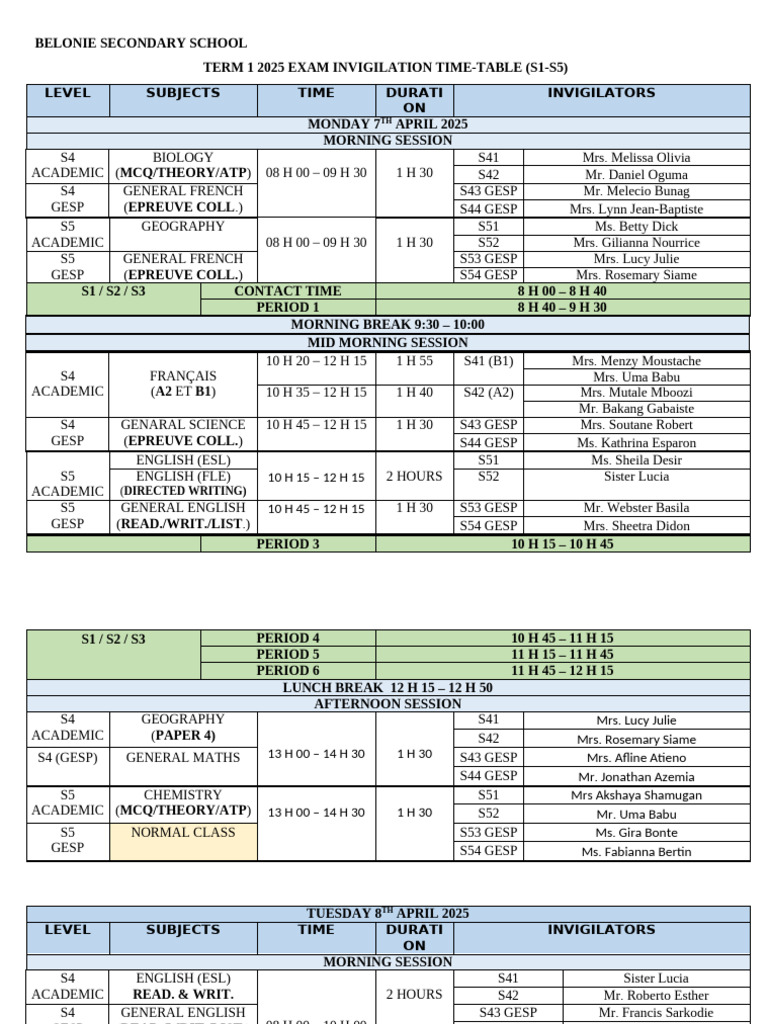 S4 - S5 End of Term 1 2025 Exam Invigilation Time-Table060425 | PDF