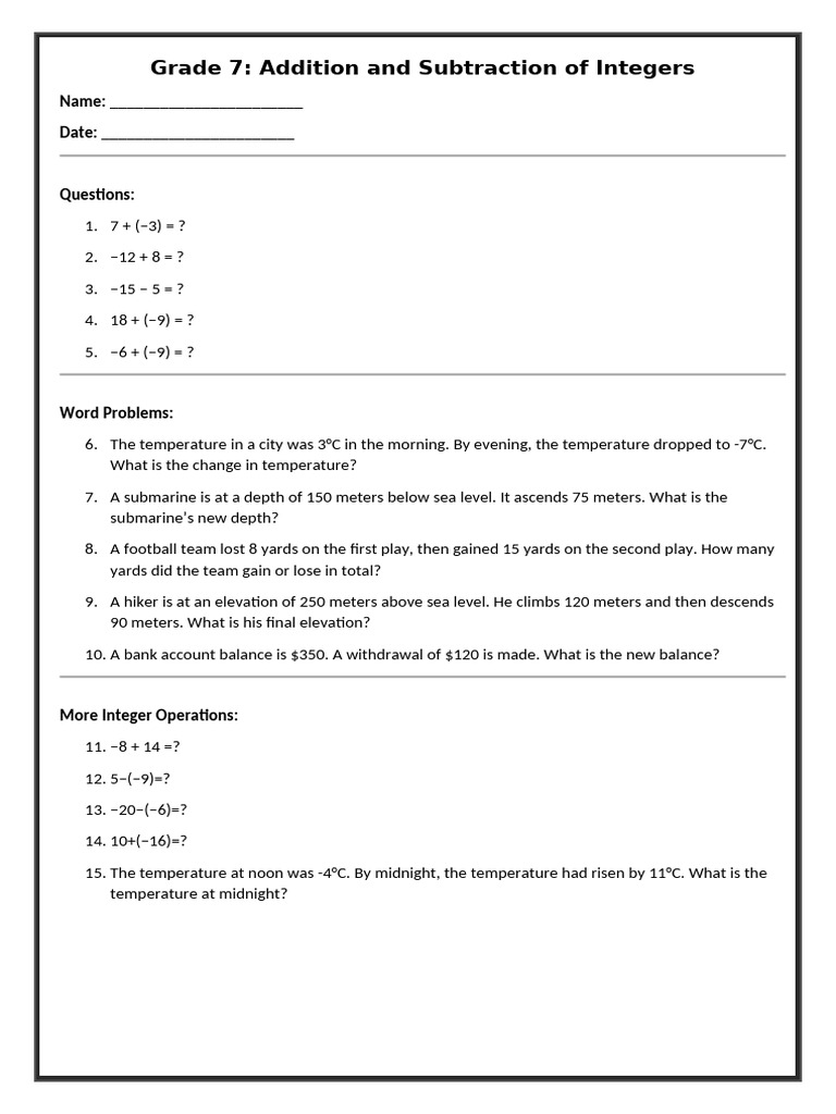 Grade 7 Integer Addition & Subtraction | PDF