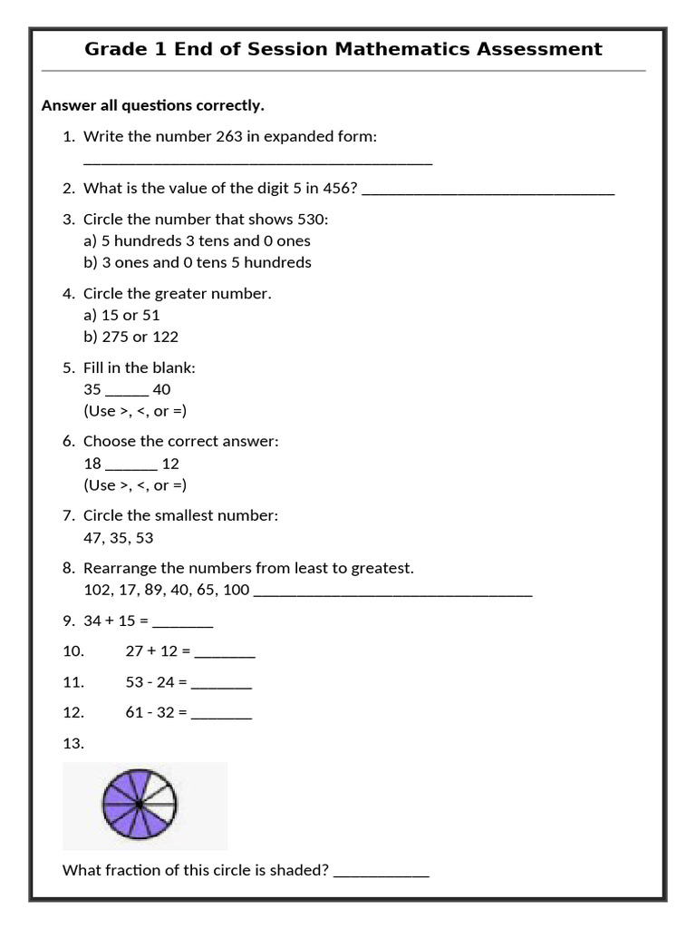 Grade 1 Math Assessment Paper | PDF