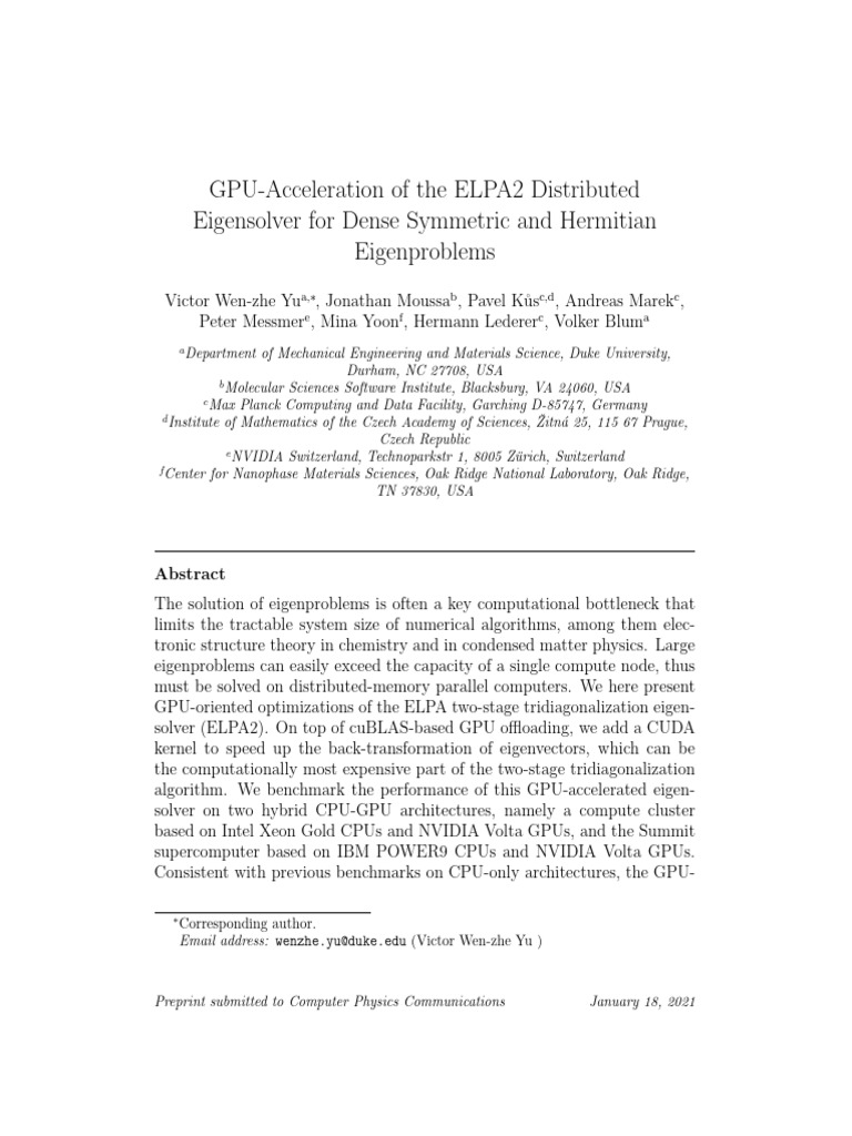Yu 等 - 2021 - GPU-Acceleration of the ELPA2 Distributed Eigensol | PDF | Eigenvalues And ...