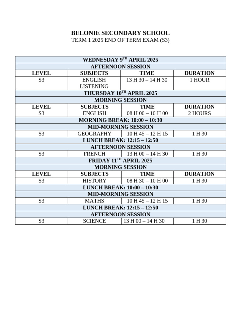 S3 End of Term 1 Exam Time-Table | PDF