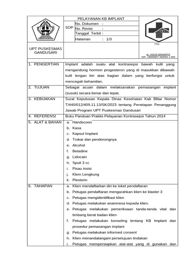 Sop Pemasangan KB Implant | PDF
