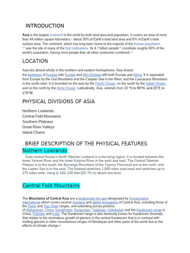 Asia: Geography and Physical Features | PDF | Plateau | Asia