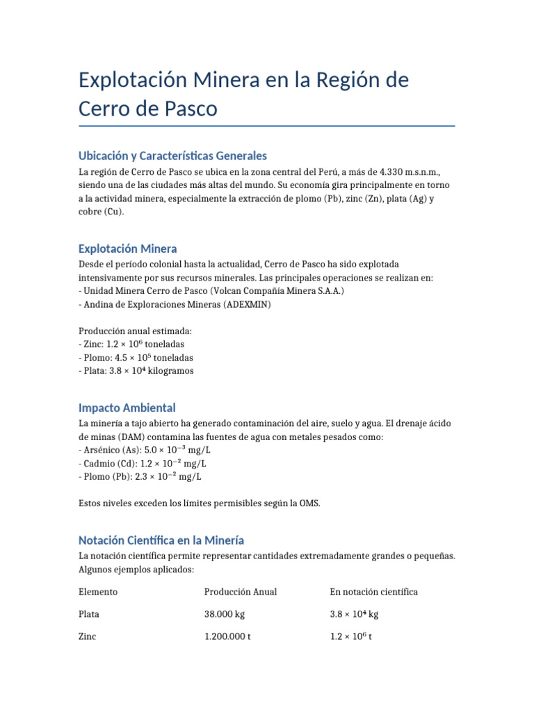 Explotacion Minera Cerro de Pasco | PDF