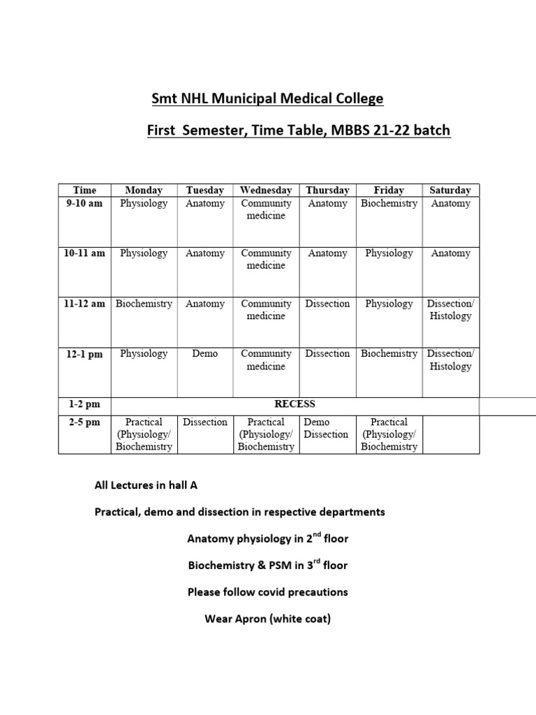 Timetable 1st MBBS 2021 Batch | PDF