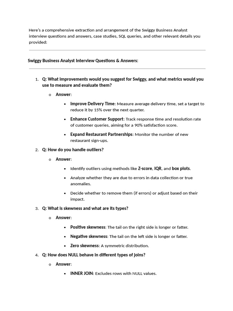 Swiggy Business Analyst Interview Preparation | PDF | Data Management Software | Databases