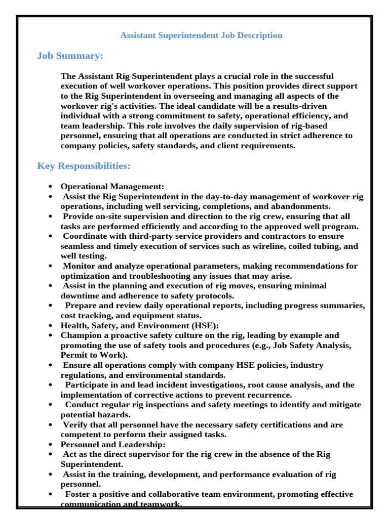 Assistant Superintendent Job Description | PDF | Safety | Business