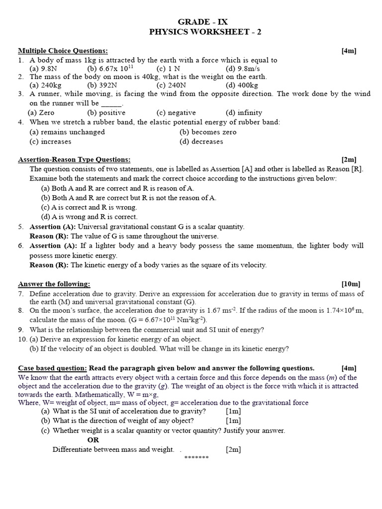 Grade 9 - Physics Worksheet - 2 | PDF | Weight | Acceleration