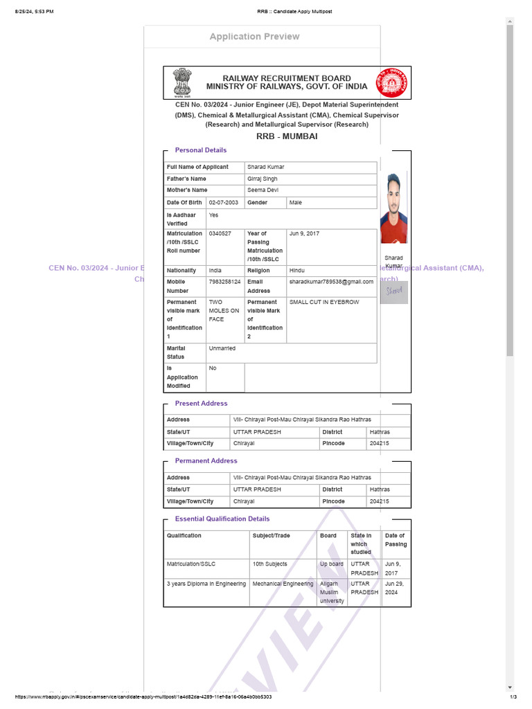 RRB - Candidate Apply Multipost | PDF