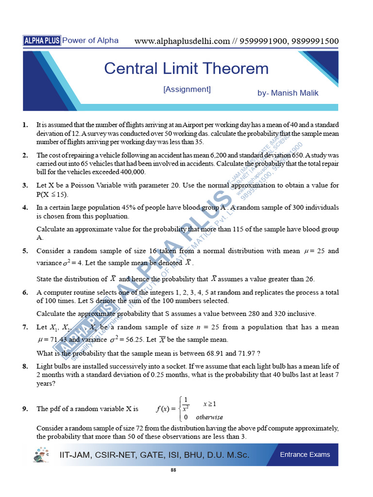CLT Assignment With Answer Key | PDF | Variance | Teaching Mathematics