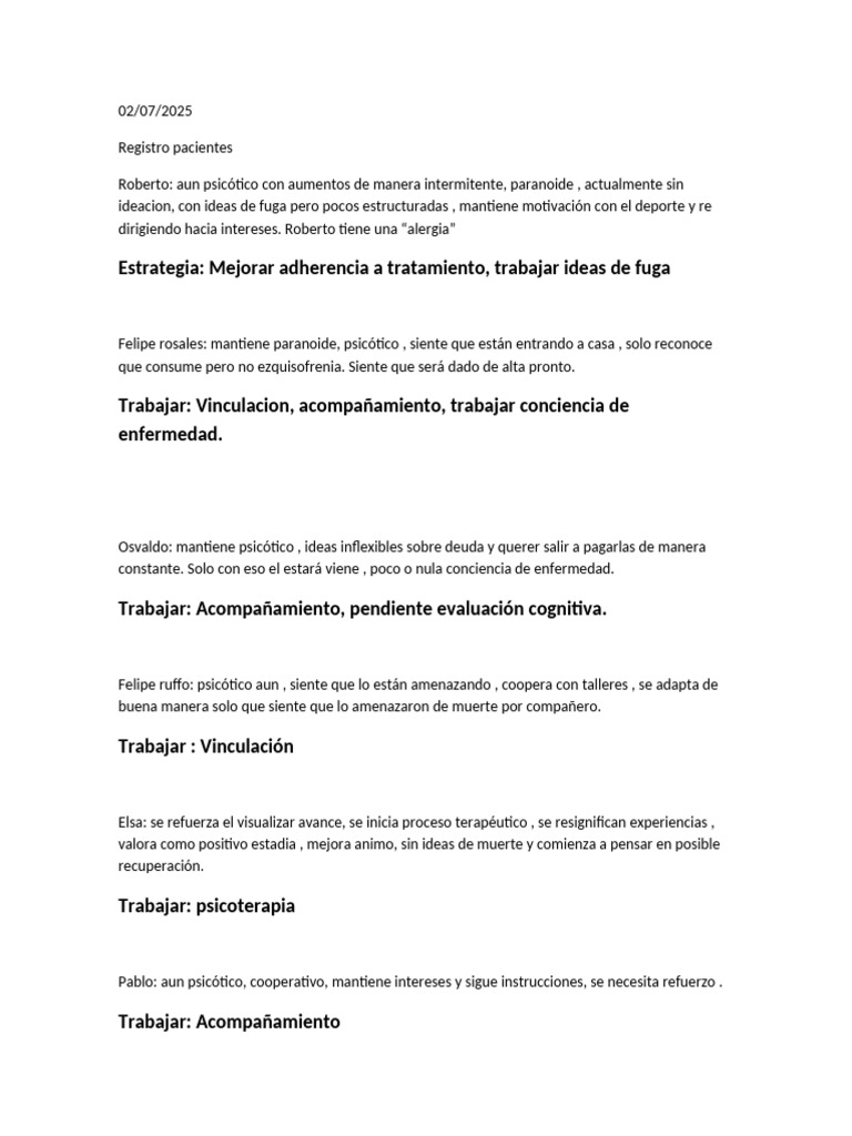 Registros Semanales Pacientes | PDF