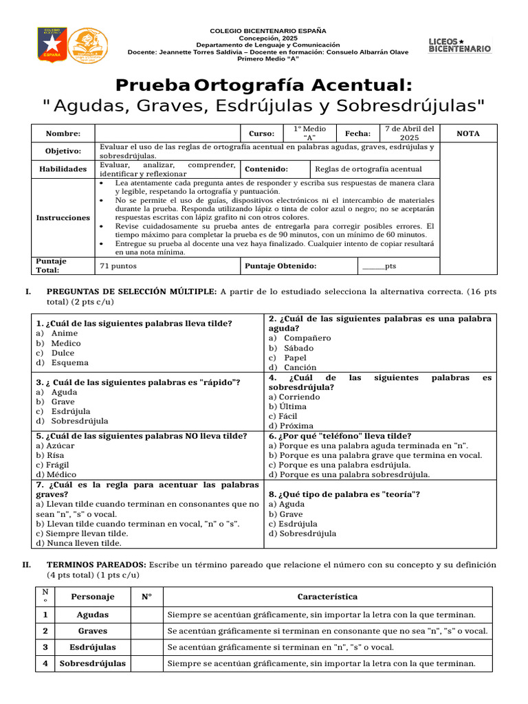 Prueba de Ortografía Taller de Lenguaje Primero A - B | PDF | Estrés ...