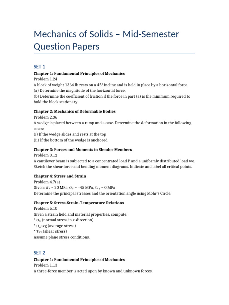 Mechanics of Solids Mid Sem Question Papers | PDF | Stress (Mechanics) | Force