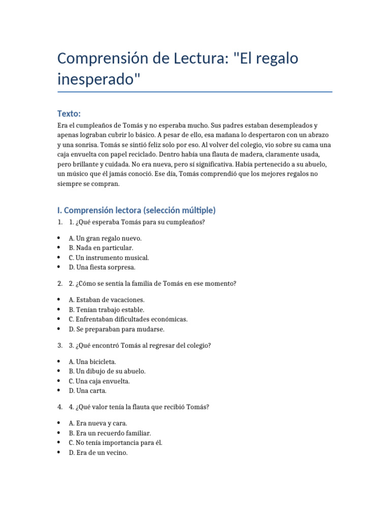 Comprension Lectura El Regalo Inesperado | PDF
