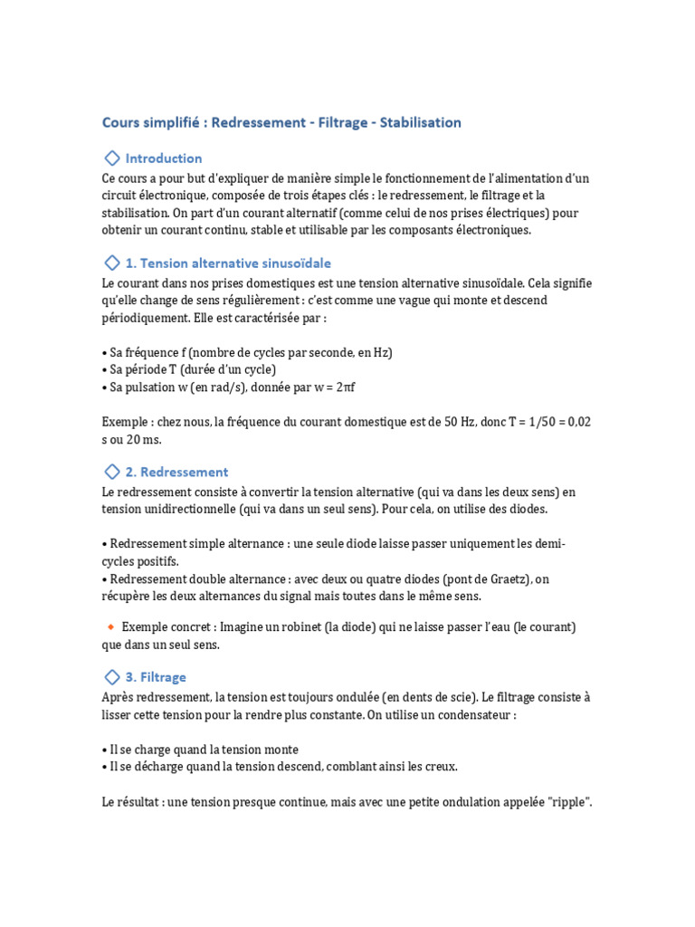 Alimentation stabilisée : Redressement et Filtrage | PDF | Redresseur ...