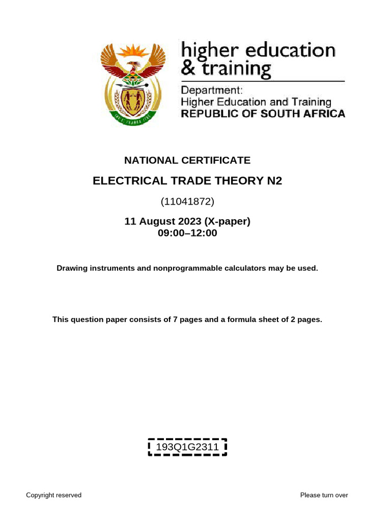 t510 - Electrical Trade Theory n2 QP Aug 2023 Sign Off | PDF ...