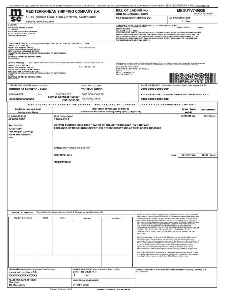 BL Meduyv745938 Endosado Chinstyle Textiles S.R.L. | PDF | Bill Of Lading | Cargo