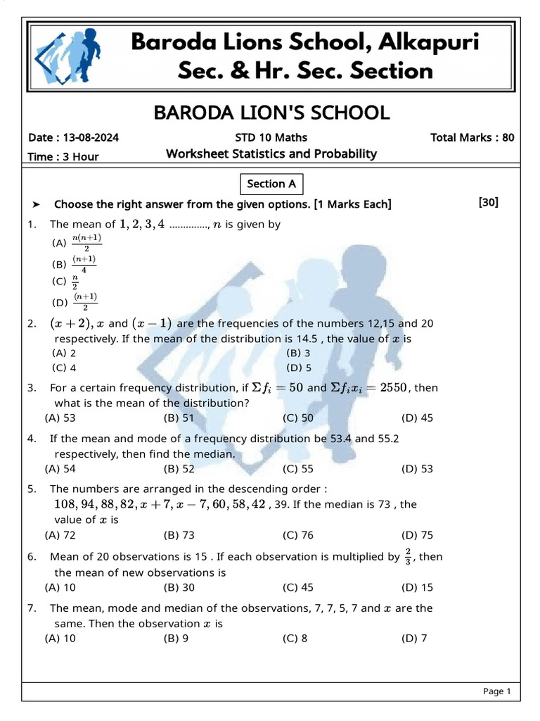 Class 10 Probability Worksheet | PDF | Mode (Statistics) | Mean